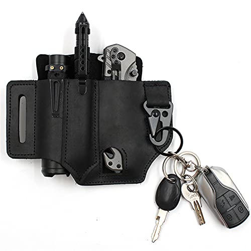 Frieyss Multitool Sheath for Belt, Leather EDC Pocket Organizer for Men, Leatherman Sheath with Pen Holder, Key Fob, Flashlight Sheath, EDC Leather Pouch