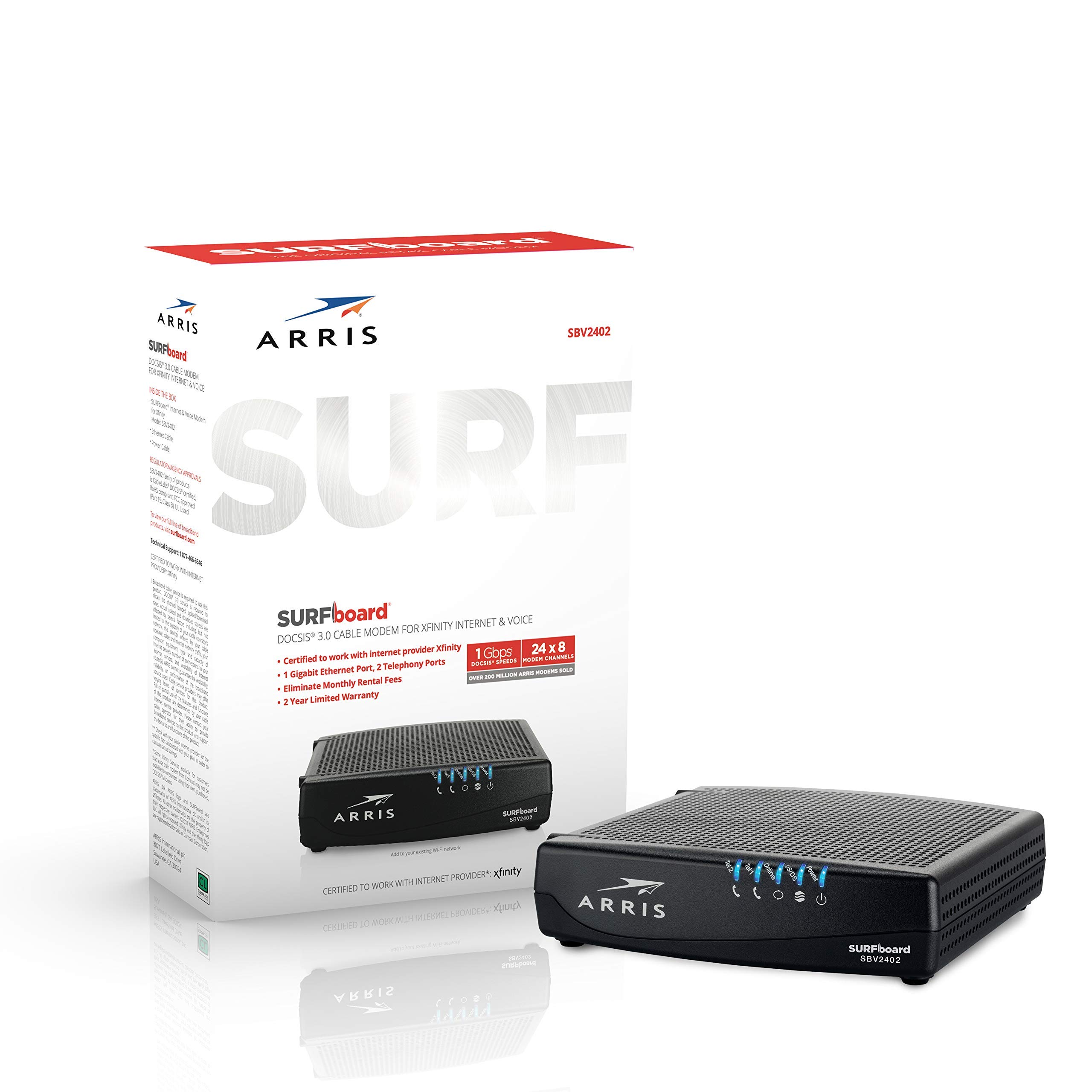 ARRIS Surfboard SBV2402 DOCSIS 3.0 Cable Modem, Certified for Xfinity Internet & Voice (Not Wireless) (Renewed)