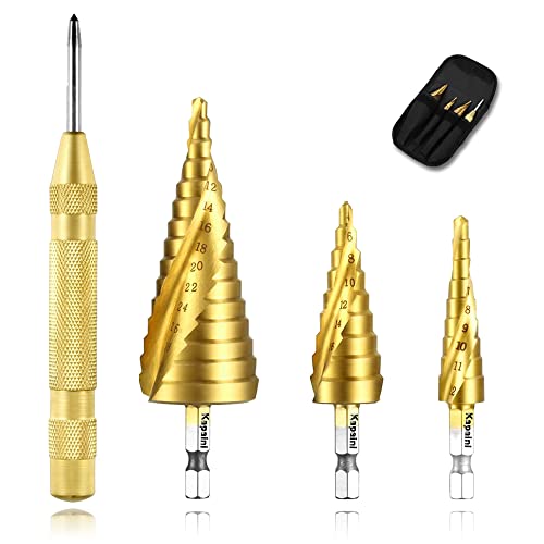 HSS Titanium-Coated Spiral Groove Step Drill 4-Piece Set with Automatic Center Punch, 1/4" Hexagon Shank Drill bit, for Plastic, Wood, Metal, Multi-Hole Taper Drill bit Set