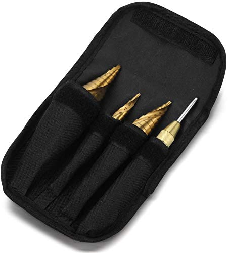 HSS Titanium-Coated Spiral Groove Step Drill 4-Piece Set with Automatic Center Punch, 1/4" Hexagon Shank Drill bit, for Plastic, Wood, Metal, Multi-Hole Taper Drill bit Set