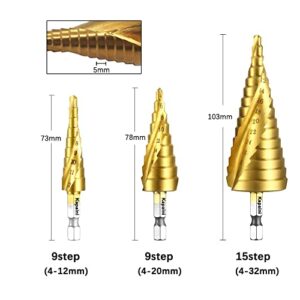 HSS Titanium-Coated Spiral Groove Step Drill 4-Piece Set with Automatic Center Punch, 1/4" Hexagon Shank Drill bit, for Plastic, Wood, Metal, Multi-Hole Taper Drill bit Set