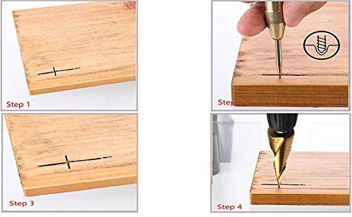 HSS Titanium-Coated Spiral Groove Step Drill 4-Piece Set with Automatic Center Punch, 1/4" Hexagon Shank Drill bit, for Plastic, Wood, Metal, Multi-Hole Taper Drill bit Set