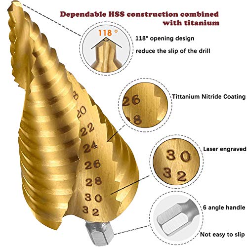 HSS Titanium-Coated Spiral Groove Step Drill 4-Piece Set with Automatic Center Punch, 1/4" Hexagon Shank Drill bit, for Plastic, Wood, Metal, Multi-Hole Taper Drill bit Set