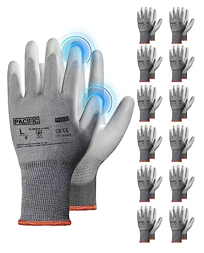 PACIFIC PPE Work Gloves for Men and Women, Touchscreen Working Gloves, 12 Pairs Bulk Pack Mechanic Gloves, PU Coated, Mens Gardening Gloves, Lightweight, Grey, Large