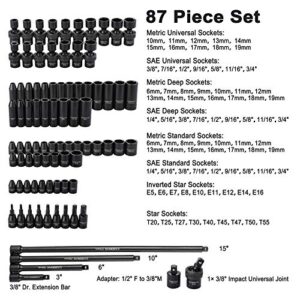 CASOMAN 87 Pcs 3/8" Drive Master Impact Socket Set, SAE&Metric Standard,Deep,Swivel Sockets,Cr-MO Steel, Includes Star and Inverted Star Socket, Imapct Universal Joint, Extension Bars