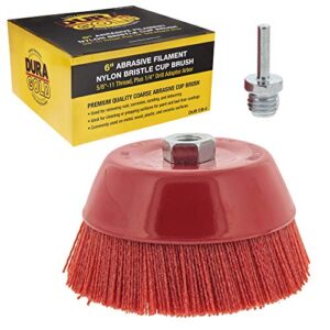 dura-gold 6" abrasive filament nylon bristle cup brush - coarse sanding scuffing brush, 5/8" 11 thread, 1/4" drill arbor - remove rust, corrosion, paint - surface prepping for truck bed liner coatings