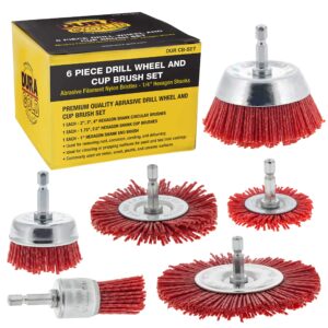 dura-gold 6 piece abrasive filament nylon wire bristle drill wheel and cup brush set - coarse sanding scuffing, 1/4" drill shank - remove rust, corrosion, paint - surface prep truck bed liner coating