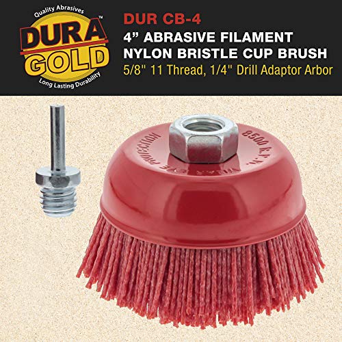 Dura-Gold 4" Abrasive Filament Nylon Bristle Cup Brush - Coarse Sanding Scuffing Brush, 5/8" 11 Thread, 1/4" Drill Arbor - Remove Rust, Corrosion, Paint - Surface Prepping for Truck Bed Liner Coatings