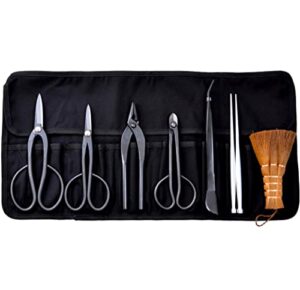 kakuri japanese bonsai tool set 7 pcs, made in japan, professional bonsai kit (satsuki scissors, long handle bonsai scissors, jin pliers, wire cutter, bonsai tweezers, root hook, broom, bag)