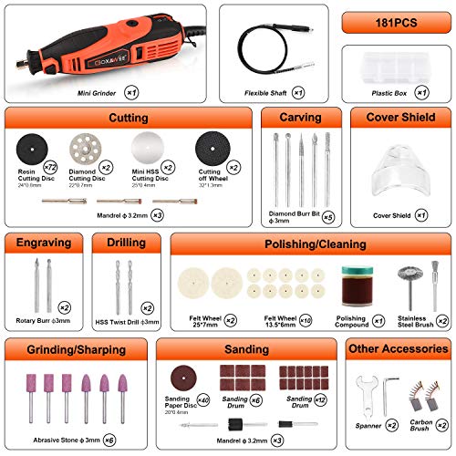 GOXAWEE Rotary Tool Kit with 180 Rotary Tool Accessories & Flex Shaft & Universal Collet, 5 Variable Speed Rotary Multi-Tool, Mini Electric Drill Set for Crafting DIY Project