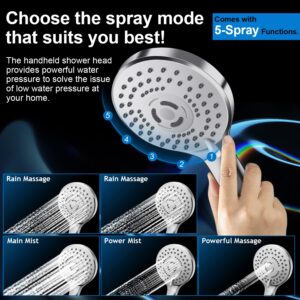 Shower Head Combo,10 Inch High Pressure Rain Shower Head with 11 Inch Adjustable Extension Arm and 5 Settings Handheld ,Powerful Shower Spray Against Low Pressure Water with Long Hose