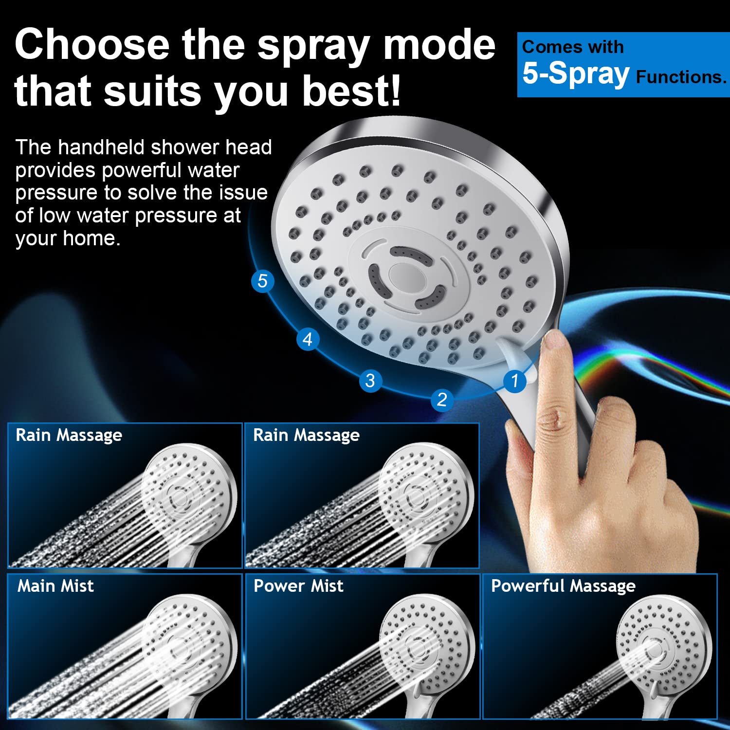 Shower Head Combo,10 Inch High Pressure Rain Shower Head with 11 Inch Adjustable Extension Arm and 5 Settings Handheld ,Powerful Shower Spray Against Low Pressure Water with Long Hose