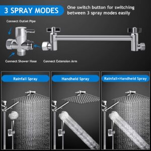 Shower Head Combo,10 Inch High Pressure Rain Shower Head with 11 Inch Adjustable Extension Arm and 5 Settings Handheld ,Powerful Shower Spray Against Low Pressure Water with Long Hose