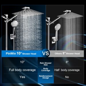 Shower Head Combo,10 Inch High Pressure Rain Shower Head with 11 Inch Adjustable Extension Arm and 5 Settings Handheld ,Powerful Shower Spray Against Low Pressure Water with Long Hose