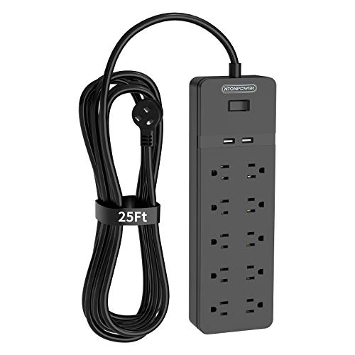 Flat Plug Extension Cord 25 Ft, NTONPOWER 10 Widely Spaced Outlets Power Strip Surge Protector with 2 USB, Overload Protection, 1080 Joules, Wall Mountable for Indoor, Home Office and Workbench Black