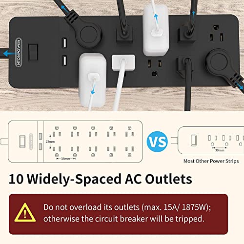 Flat Plug Extension Cord 25 Ft, NTONPOWER 10 Widely Spaced Outlets Power Strip Surge Protector with 2 USB, Overload Protection, 1080 Joules, Wall Mountable for Indoor, Home Office and Workbench Black