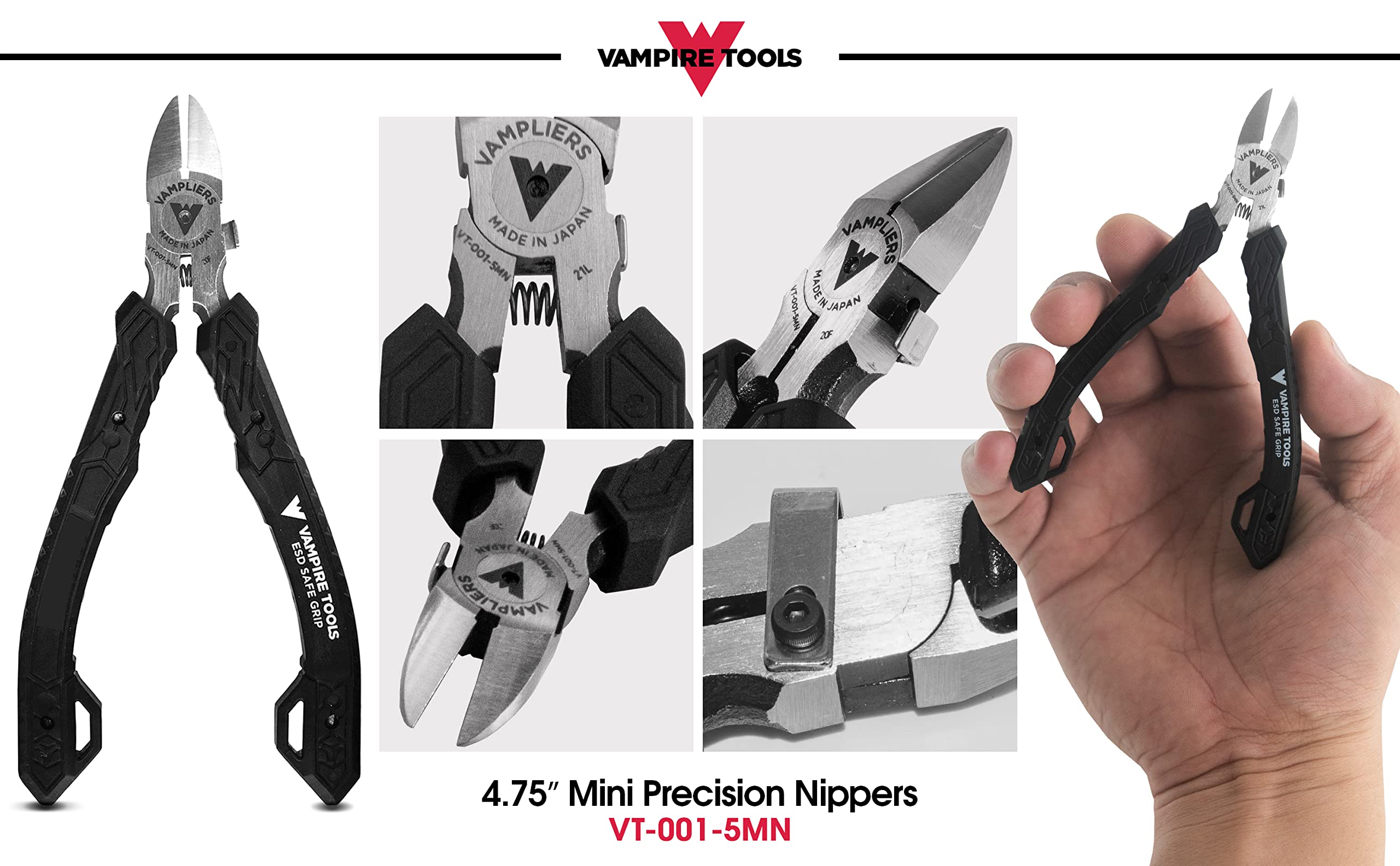 VAMPLIERS 4.75" Mini Precision Carbon Steel Nippers, ESD Safe Wire Flush Cutters. Suitable for Circuit Board Work. Made in Japan: VT-001-5MN