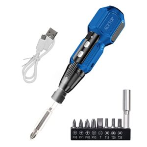 acetop electric screwdriver cordless 900mah rechargeable screwdriver with dual heads bit, extension rod, 8 bits and usb cable, 4n.m electric torque, led light, forward and reverse rotate