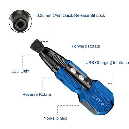 ACETOP Electric Screwdriver Cordless 900mAh Rechargeable Screwdriver with Dual Heads Bit, Extension Rod, 8 Bits and USB Cable, 4N.m Electric Torque, LED Light, Forward and Reverse Rotate