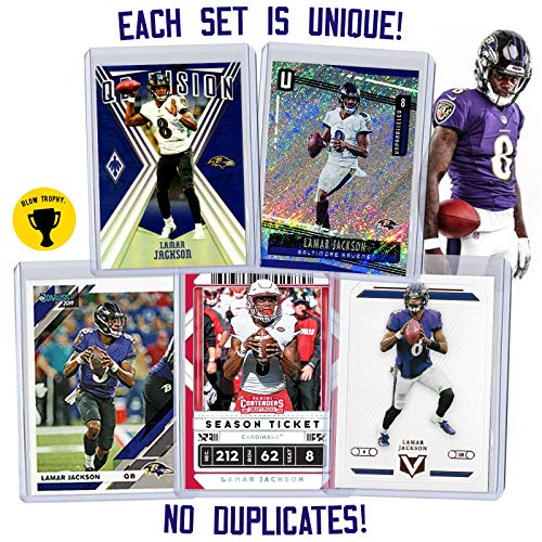 Lamar Jackson Football Card Bundle, Set of 5 Assorted Baltimore Ravens and Louisville Cardinals Mint Football Cards Gift Set of Heisman MVP Quarterback Lamar Jackson, Protected by Sleeve and Toploader