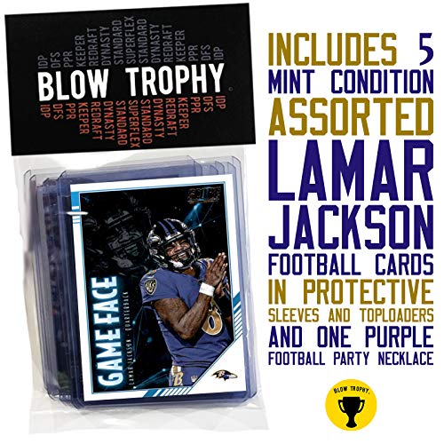 Lamar Jackson Football Card Bundle, Set of 5 Assorted Baltimore Ravens and Louisville Cardinals Mint Football Cards Gift Set of Heisman MVP Quarterback Lamar Jackson, Protected by Sleeve and Toploader