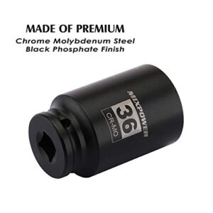 MIXPOWER 1/2" Drive Deep Impact Socket, CR-MO, 36 mm, METRIC, 6 Point, Axle Nut Impact Grade Socket for Easy Removal