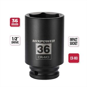 MIXPOWER 1/2" Drive Deep Impact Socket, CR-MO, 36 mm, METRIC, 6 Point, Axle Nut Impact Grade Socket for Easy Removal