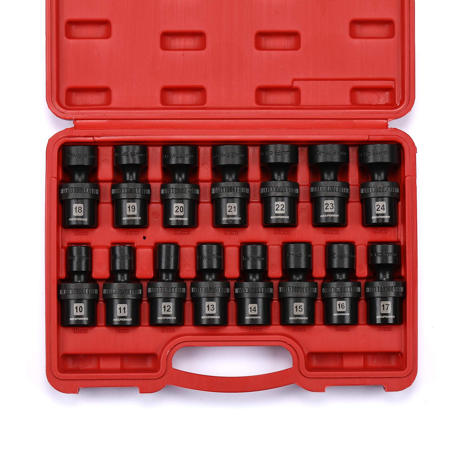 MIXPOWER 15-piece 1/2" Drive Shallow Universal Impact Socket Set, 6 Points, Metric, 10-24mm, Swivel Socket with Flexible Wobble, CR-MO, Heavy Duty Storage Case… B08JTJVV8M