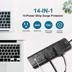 WANDOFO 2 Prong Power Strip, 6 FT Extension Cord 700J Surge Protector, 10 AC Outlets and 4 USB, 13A/1625W, Polarized Two to Three Prong Outlet Plug Adapter, Wall Mount, for Non-Grounded Socket, Black