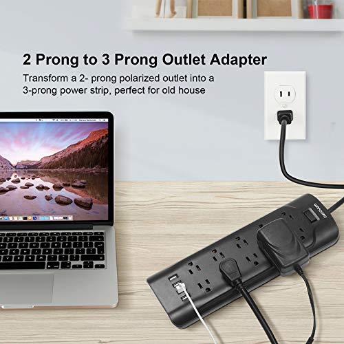 WANDOFO 2 Prong Power Strip, 6 FT Extension Cord 700J Surge Protector, 10 AC Outlets and 4 USB, 13A/1625W, Polarized Two to Three Prong Outlet Plug Adapter, Wall Mount, for Non-Grounded Socket, Black