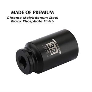 MIXPOWER 1/2" Drive Deep Impact Socket, CR-MO, 32mm, METRIC, 6 Point, Axle Nut Impact Grade Socket for Easy Removal