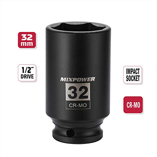 MIXPOWER 1/2" Drive Deep Impact Socket, CR-MO, 32mm, METRIC, 6 Point, Axle Nut Impact Grade Socket for Easy Removal