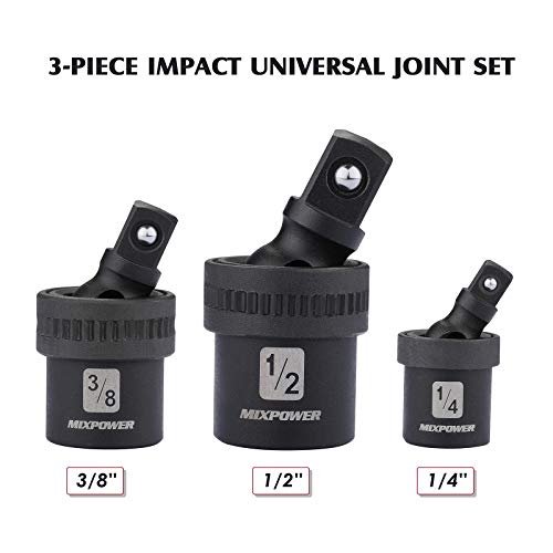 MIXPOWER 3-Piece Impact Universal Joint Set - 1/4", 3/8" and 1/2" Drive, Impact Grade U-Joint Swivel Sockets,Socket Adapter Set, CR-MO Impact Grade