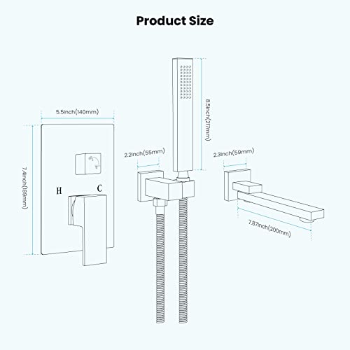 gotonovo Matte Black Wall Mount Bathtub Faucet with Hand Held Sprayer and Swivel Tub Filler Single Handle Bathroom Shower System Mixer For Tub Rough-In Valve Included Dual Functions