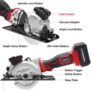 PowerSmart 20V 4-1/2 Inch Cordless Mini Circular Saw Includes 4.0Ah Battery and Charger, Saw Blades for Wood, Soft Metal and Tile Cutting