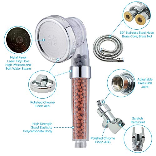 Junisel Filter Shower Head High Pressure with Hose and Bracket, Mineral Balls Ionic Shower Head for Skin & Hair Health, Water Saving Handheld 3 Modes Pressure Shower for a Novel Skin SPA Experience