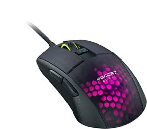 roccat burst pro pc gaming mouse, optical switches, super lightweight ergonomic wired computer mouse, rgb lighting, titan scroll wheel, honeycomb shell, claw grip, owl-eye sensor, 16k dpi, black