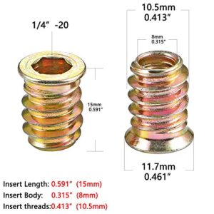 PGMJ 80 Pieces 1/4"-20 Wood Inserts Bolt Furniture Screw in Nut Threaded Fastener Connector Hex Socket Drive for Wood Furniture Assortment (1/4"-20 x15mm)