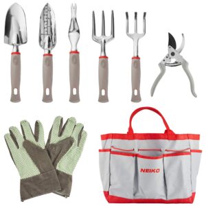 neiko 61090a 8 pc garden tool set, heavy duty gardening tool set for home garden planting, includes gardening tool set bag for gardening, hand gardening tools for women and men, gardening tool kit