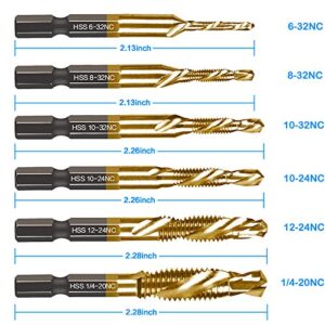 6 Packs Titanium Combination Drill & Taps Bit Set SAE 6-32nc 8-32nc 10-32nc 10-24nc 12-24nc 1/4-20nc.