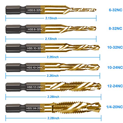 6 Packs Titanium Combination Drill & Taps Bit Set SAE 6-32nc 8-32nc 10-32nc 10-24nc 12-24nc 1/4-20nc.