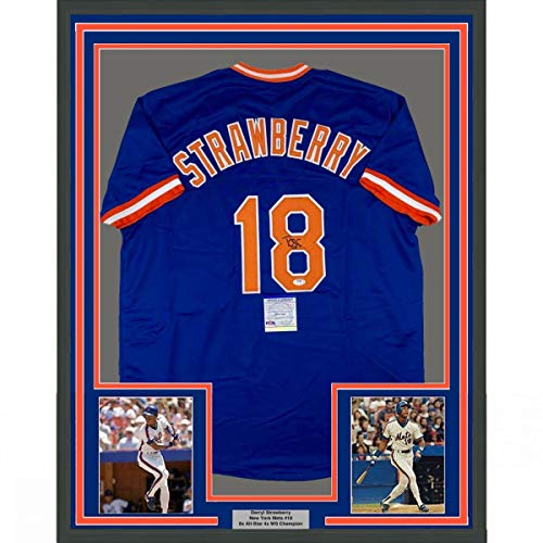 Framed Autographed/Signed Darryl Strawberry 33x42 New York Blue Baseball Jersey PSA/DNA COA