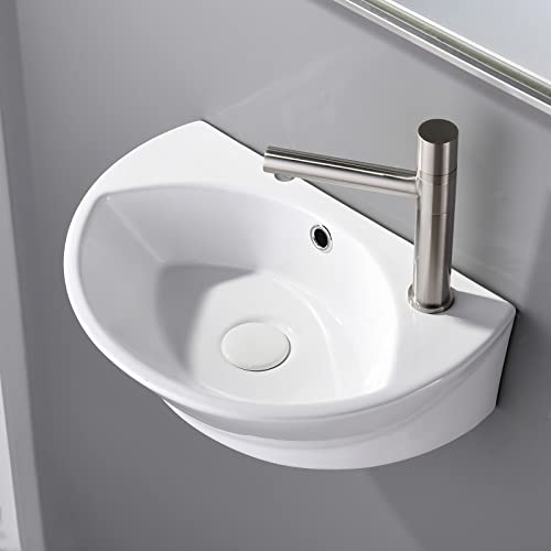 VESLA HOME Commercial 18"x12" Small Oval White Ceramic Corner Wall Mount Sink,Floating Tiny Wall Hung Bathroom Sink Mini Porcelain Vanity Vessel Sink For Small Bathroom,Right Hand