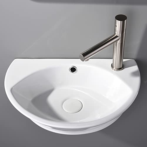 VESLA HOME Commercial 18"x12" Small Oval White Ceramic Corner Wall Mount Sink,Floating Tiny Wall Hung Bathroom Sink Mini Porcelain Vanity Vessel Sink For Small Bathroom,Right Hand