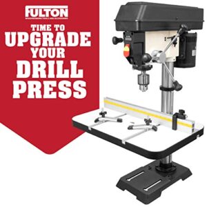 Fulton Deluxe 1 3/8 inch Thick Drill Press Table with Precision Tilt Capable Adjustable Fence System | 2 PVC Tipped Aluminum Hold Downs | Aluminum Flip Stop and Mounting Hardware