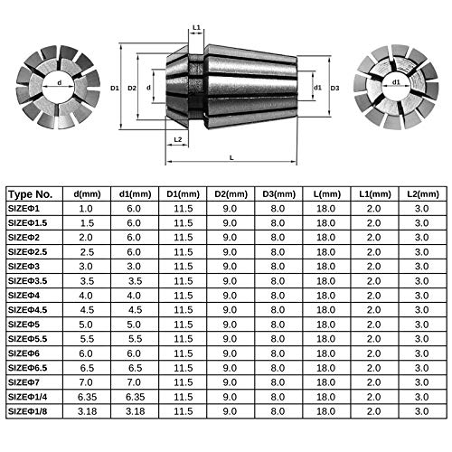 Genmitsu 15PCS ER11 Precision Spring Collet Set for CNC Engraving Milling Lathe Chuck Tool, 1.0mm-7.0mm & 1/4", 1/8"