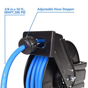 Aain AA039 Premium Heavy-Duty 3/8 in x 50 ft Air Hose Reel. Ceiling/Wall Mount, Retractable Air Compressor Hose Reel, 300 PSI Flexiable Hybrid Hose, black and blue