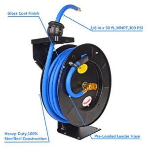 Aain AA039 Premium Heavy-Duty 3/8 in x 50 ft Air Hose Reel. Ceiling/Wall Mount, Retractable Air Compressor Hose Reel, 300 PSI Flexiable Hybrid Hose, black and blue