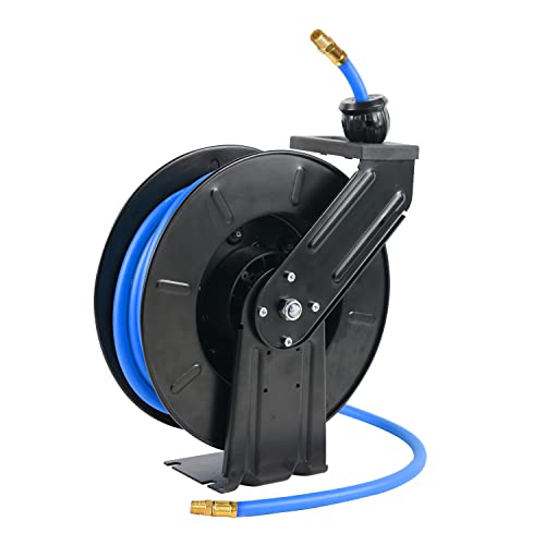 Aain AA039 Premium Heavy-Duty 3/8 in x 50 ft Air Hose Reel. Ceiling/Wall Mount, Retractable Air Compressor Hose Reel, 300 PSI Flexiable Hybrid Hose, black and blue