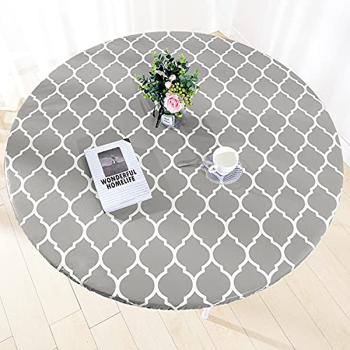 Zhuqing Heavy Duty Vinyl Round Fitted Tablecloth, Gray Moroccan Design, Spillproof Waterproof Elastic Table Cover with Flannel Backed Lining, Fits 40" to 44" Round Table，for Indoor/Outdoor Use